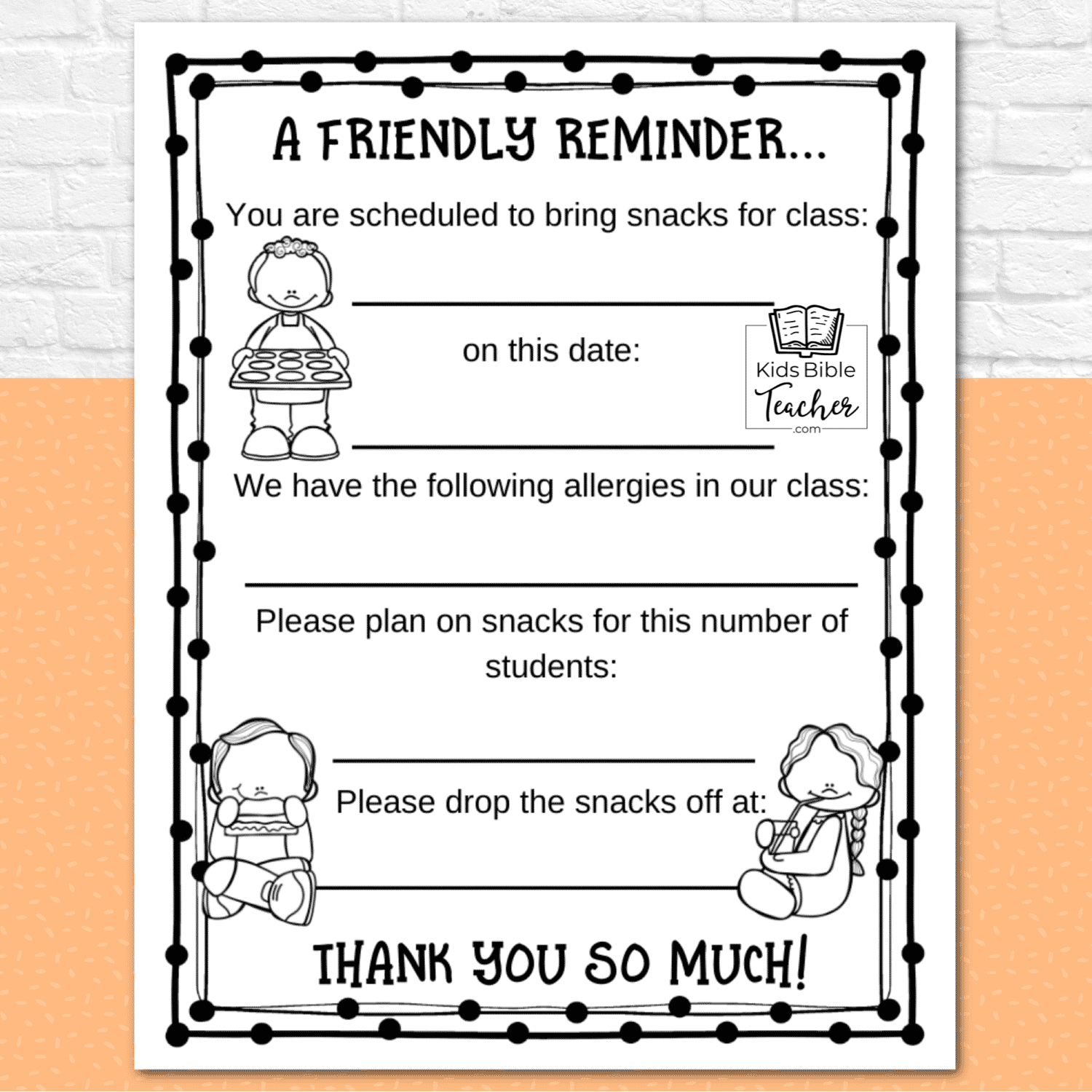 Snack Reminder Cards - Kids Bible Teacher