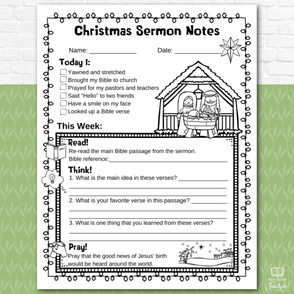 Christmas Sermon Notes Page Kids Bible Teacher