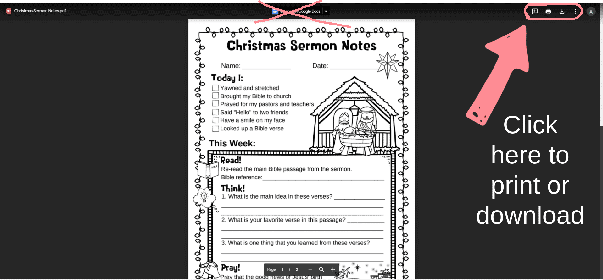 Christmas Sermon Notes Page - Kids Bible Teacher