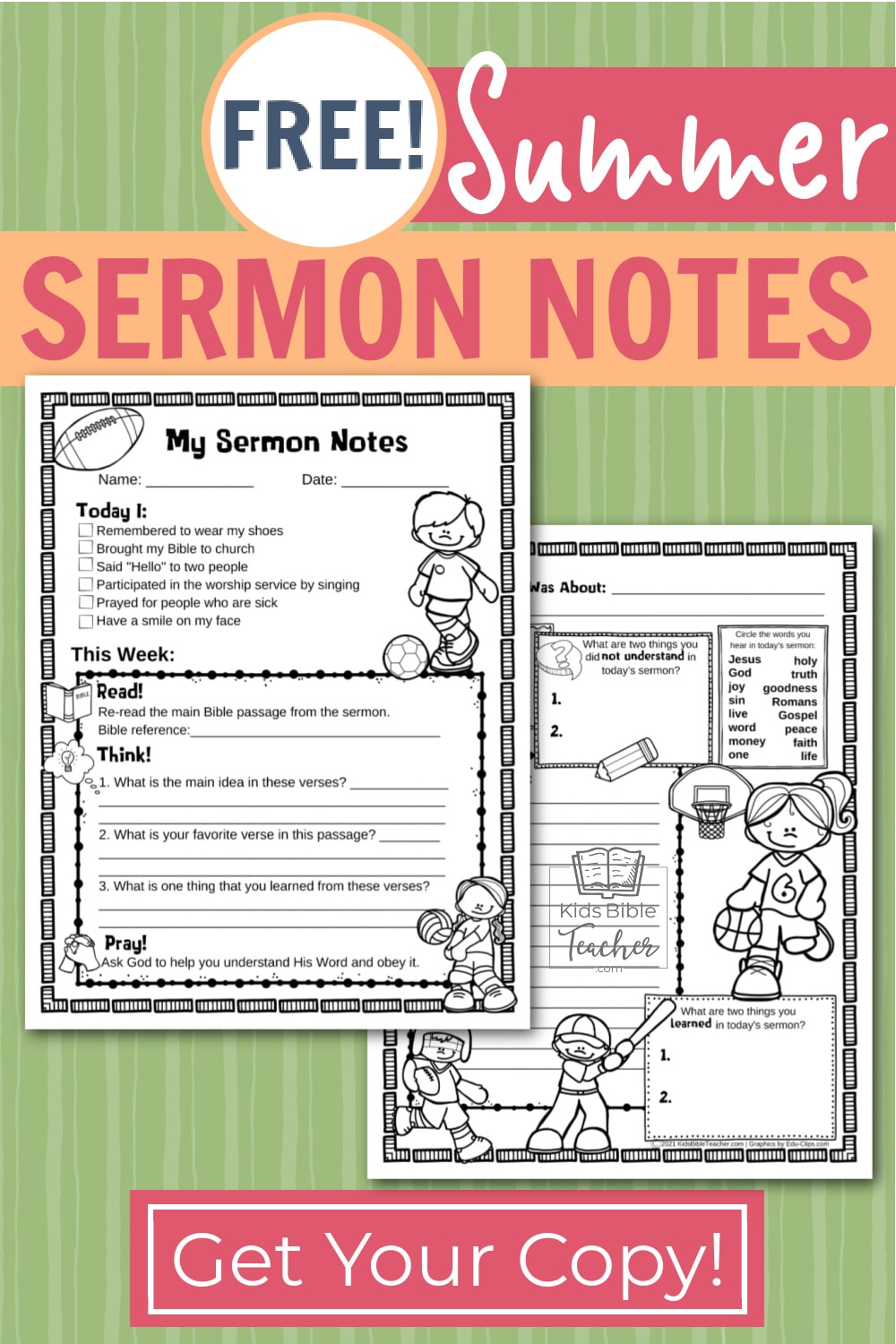 Summer Sermon Notes Page for Kids - Kids Bible Teacher